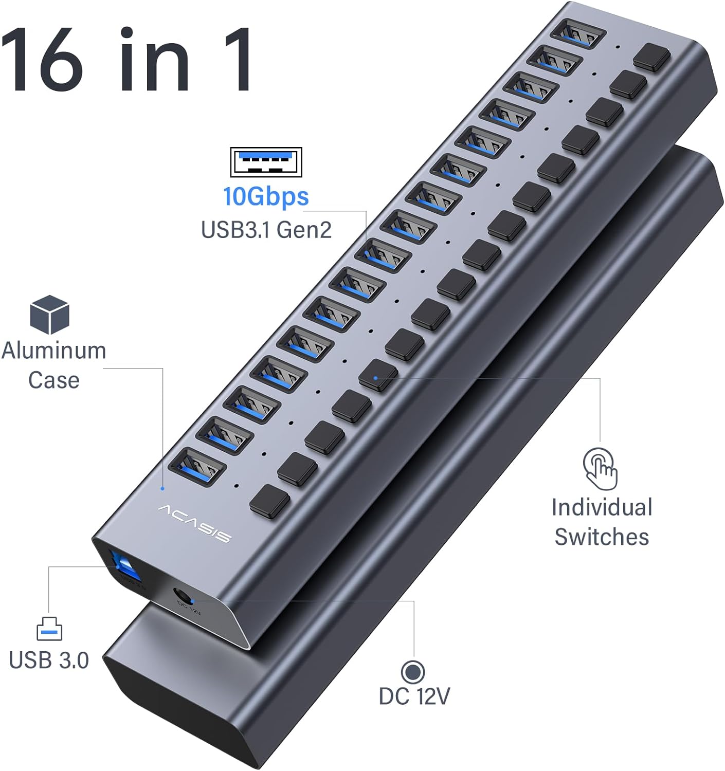 Acasis Multi USB 3.0 Hub 16 ports High Speed With ON OFF Switch Adapter Splitter, AC-HS716 ...