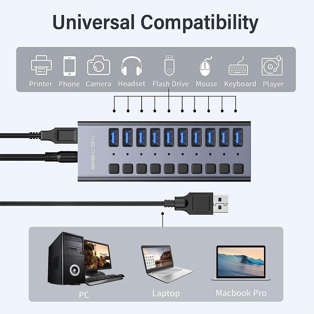 Acasis Multi USB 3.0 Hub 10 ports High Speed With ON OFF Switch Adapte ...
