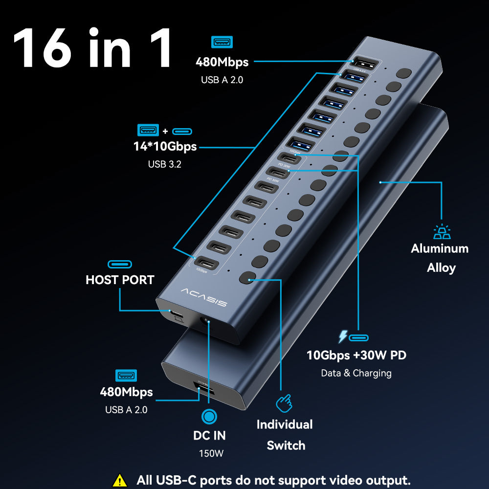 Acasis 16-Port Fast Charging USB 3.2 Hub with 8 USB-A + 8 USB-C Ports