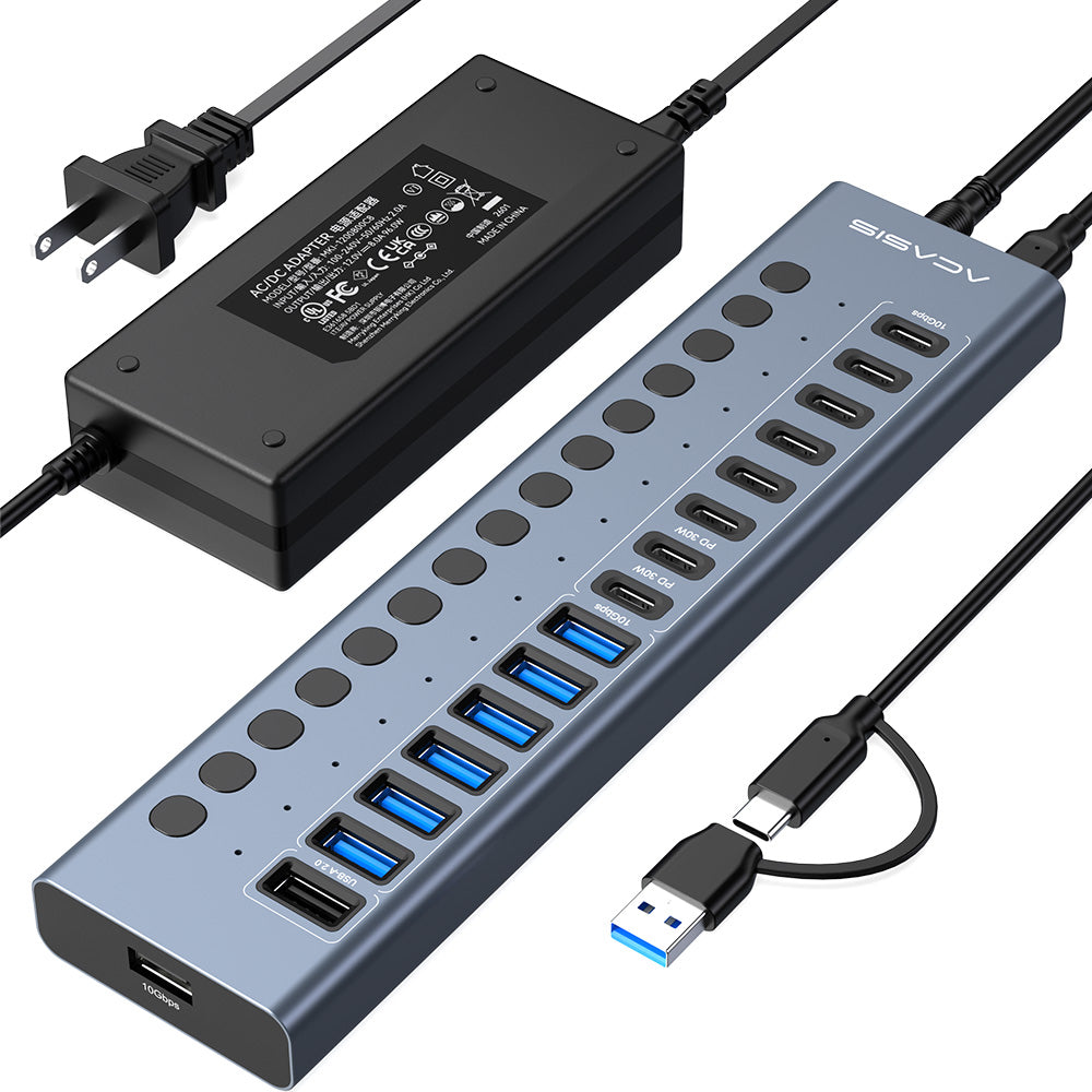 Acasis 16-Port Fast Charging USB 3.2 Hub with 8 USB-A + 8 USB-C Ports
