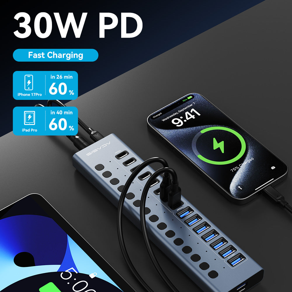 Acasis 16-Port Fast Charging USB 3.2 Hub with 8 USB-A + 8 USB-C Ports