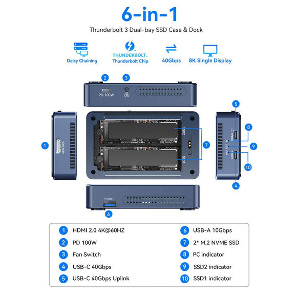 Acasis 40Gbps Thunderbolt 4/3 M.2 NVMe 2 Bay RAID SSD Enclosure