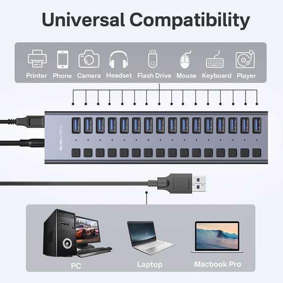 Acasis Multi USB 3.0 Hub 16 ports High Speed With ON OFF Switch Adapter ...