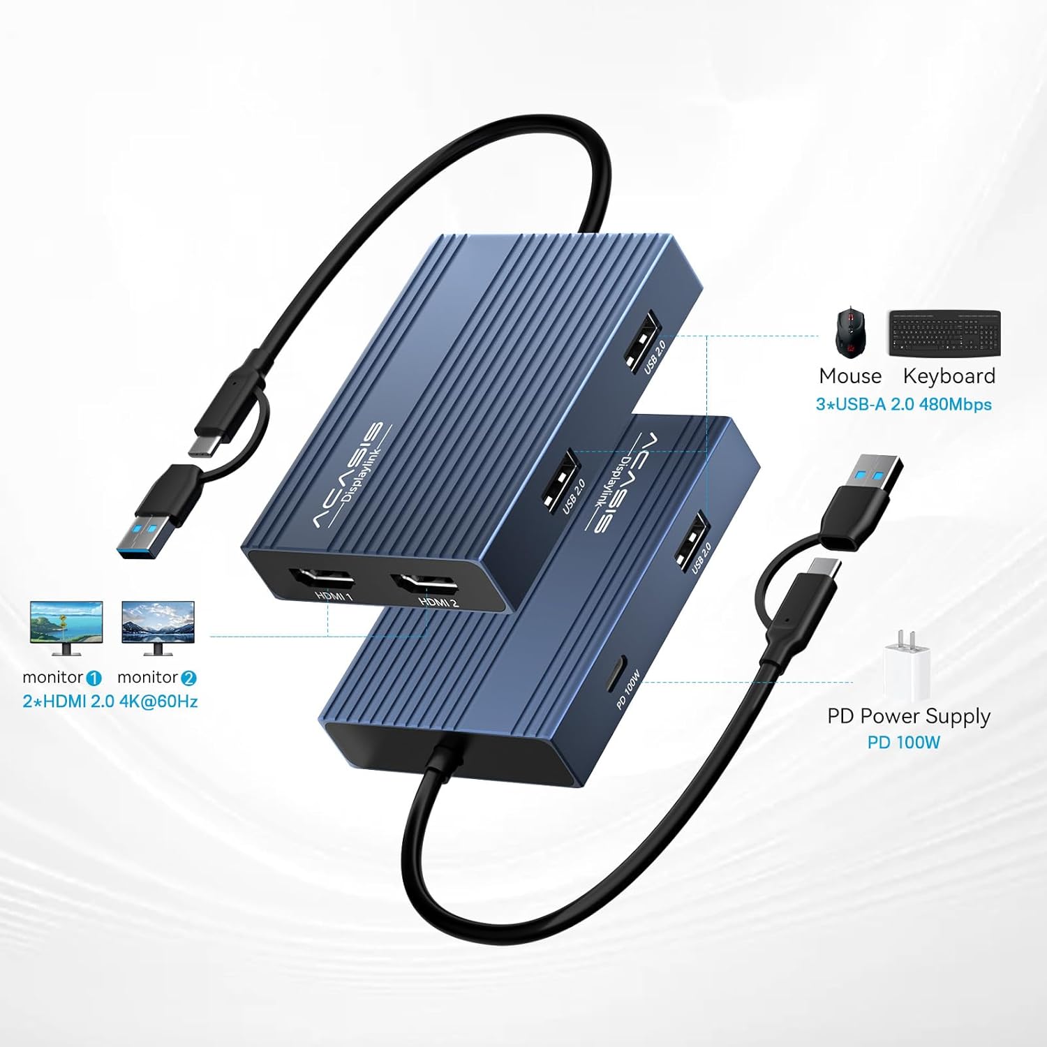 Acasis USB-C DisplayLink Dual 4K 60Hz HDMI Adapter for Apple Mac